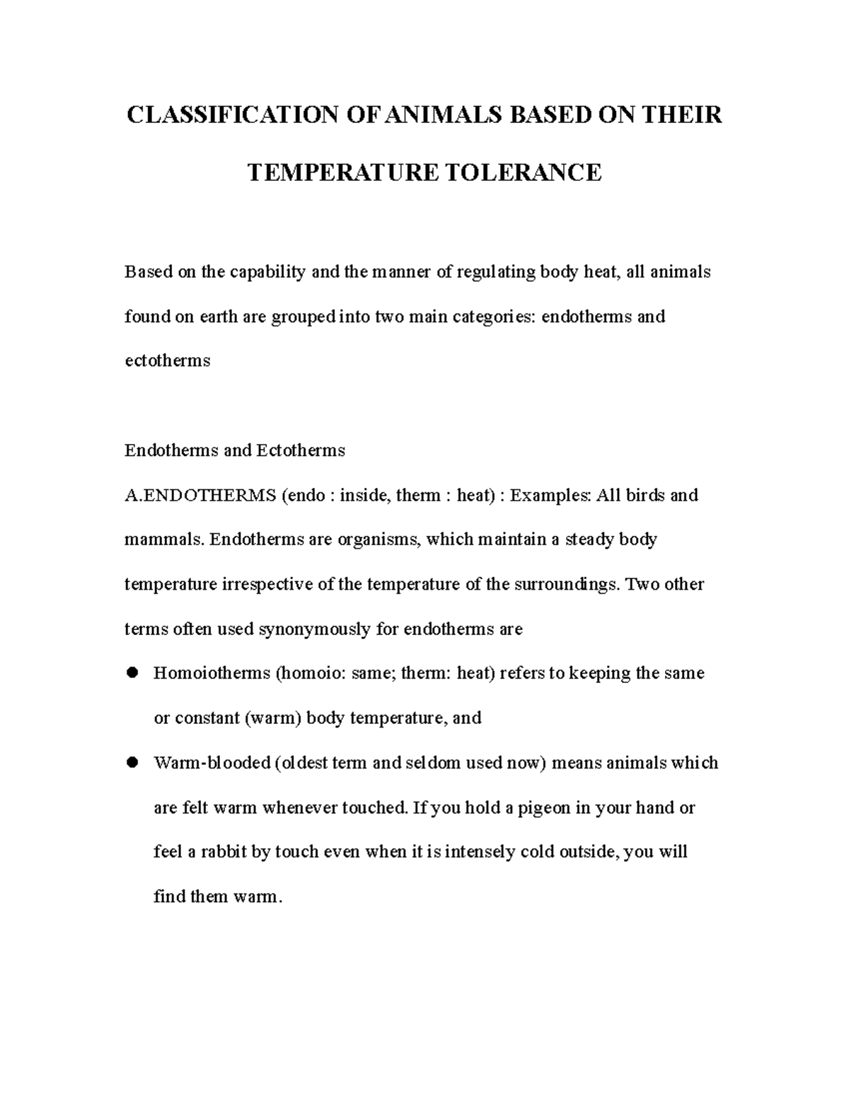 CLASSIFICATION OF ANIMALS BASED ON THEIR TEMPERATURE TOLERANCE ...
