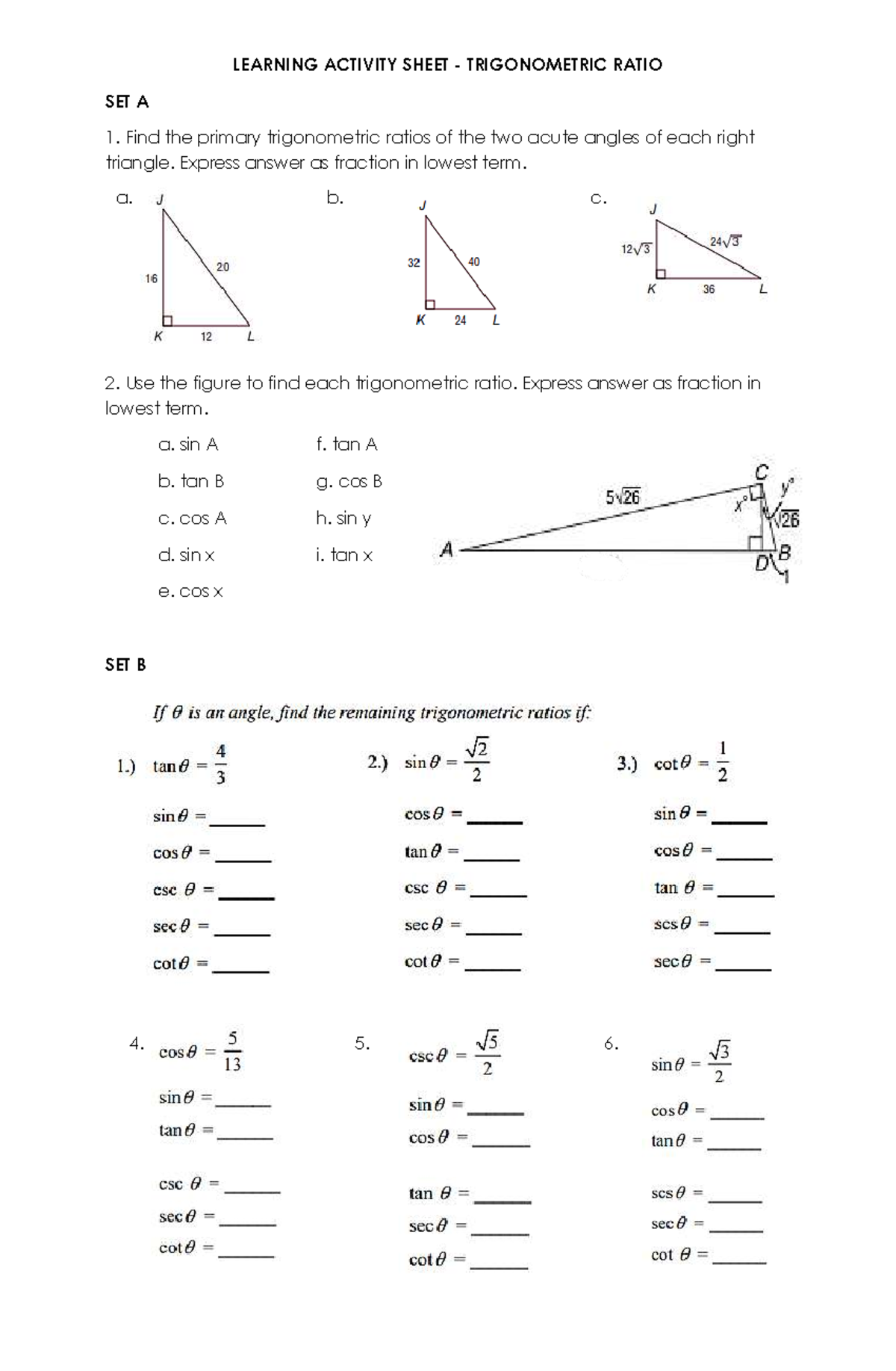 LAS - Trigonometric Ratios Learning Activity Sheet - Studocu
