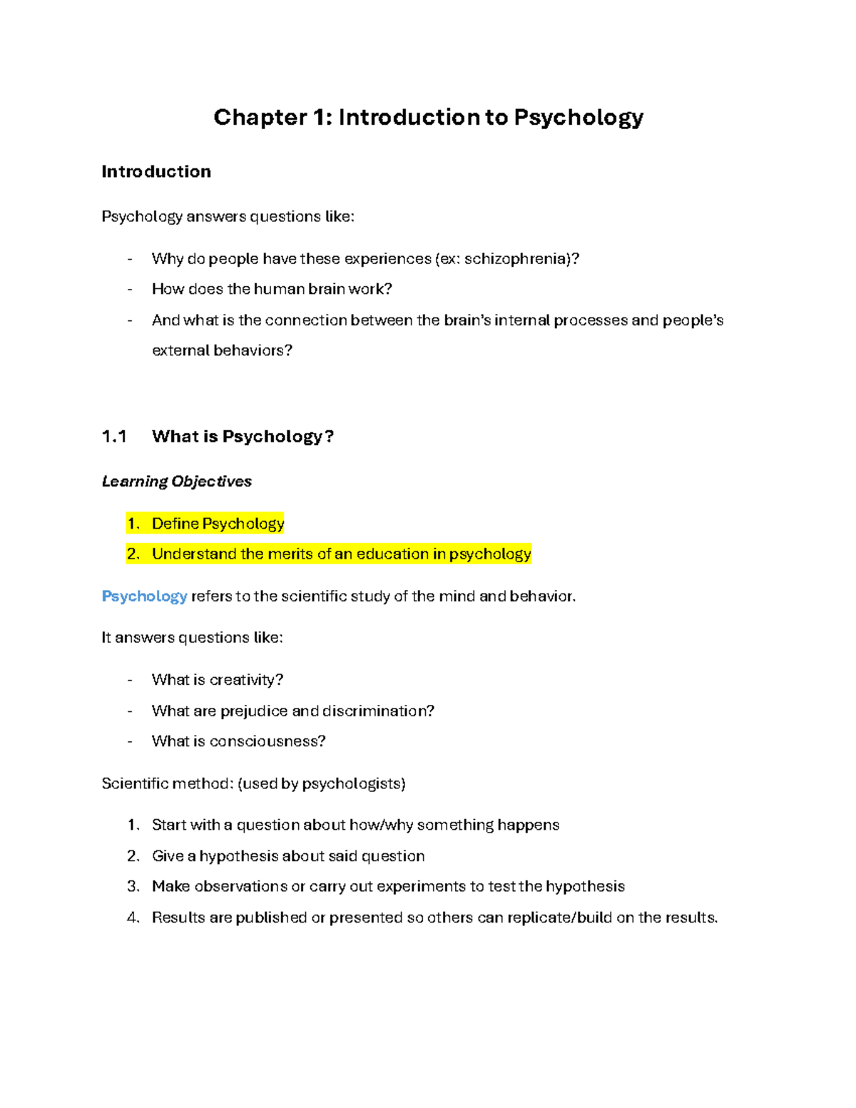 Psychology Textbook Notes: Chapter 1 - Intro to Psychology Concepts ...