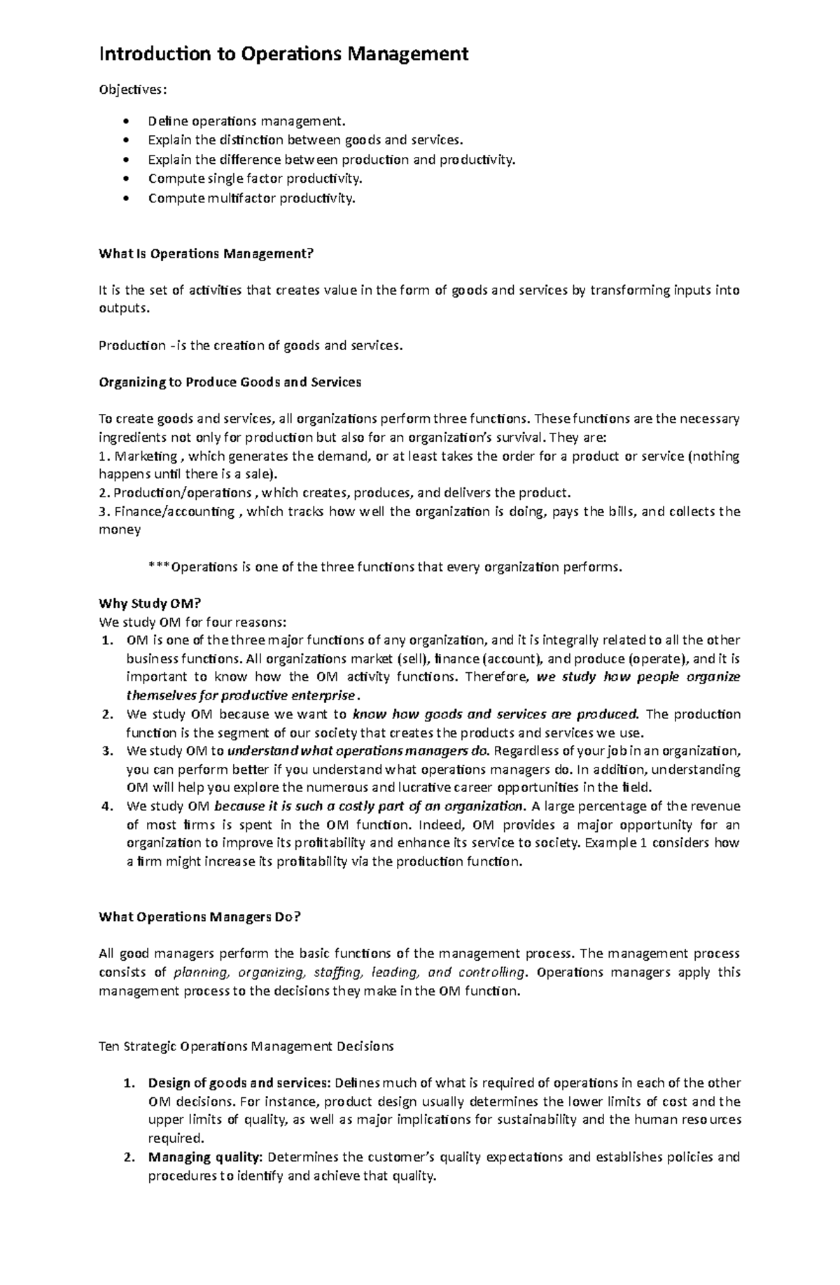 Introduction to Operations Management - Key Concepts and Functions ...