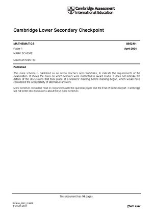 Cambridge Checkpoint Science 0893/02 Mark Scheme - April 2024 - Studocu