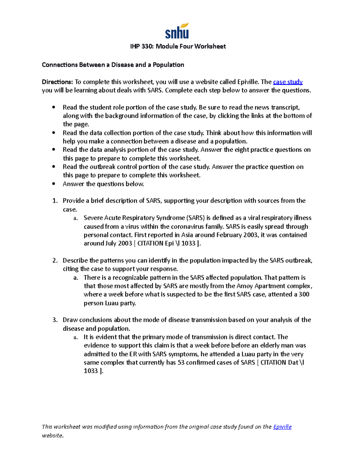 IHP 330: Module 4 Worksheet on SARS and Population Connections - Studocu