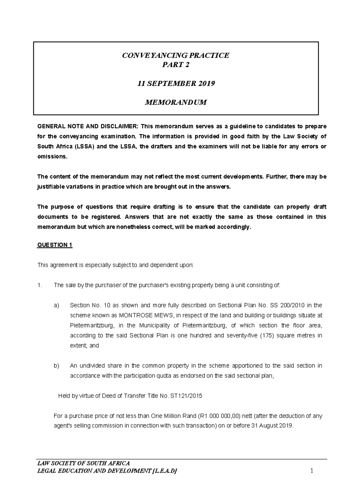 Conveyancing Practice Part 2: Memorandum for Exam Preparation (2019 ...