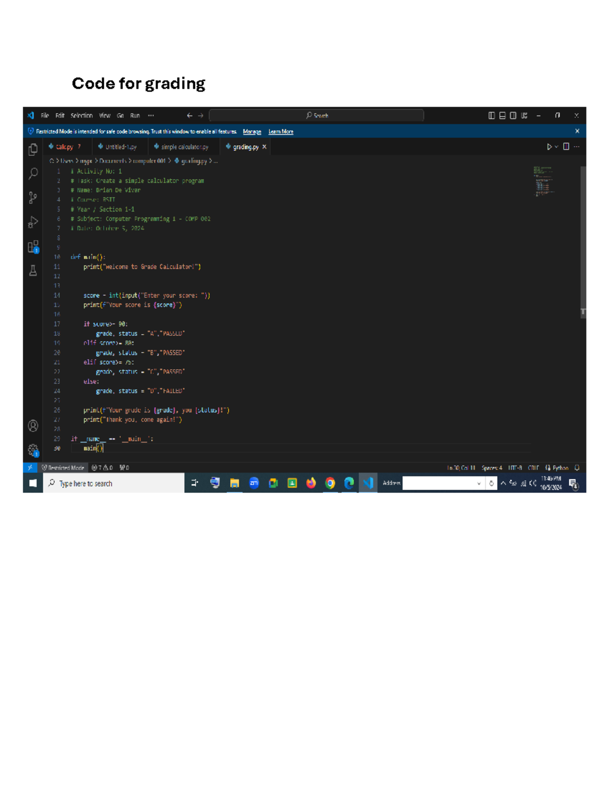 Code for grading.docx p - Code for grading File Edit Selection View Go ...