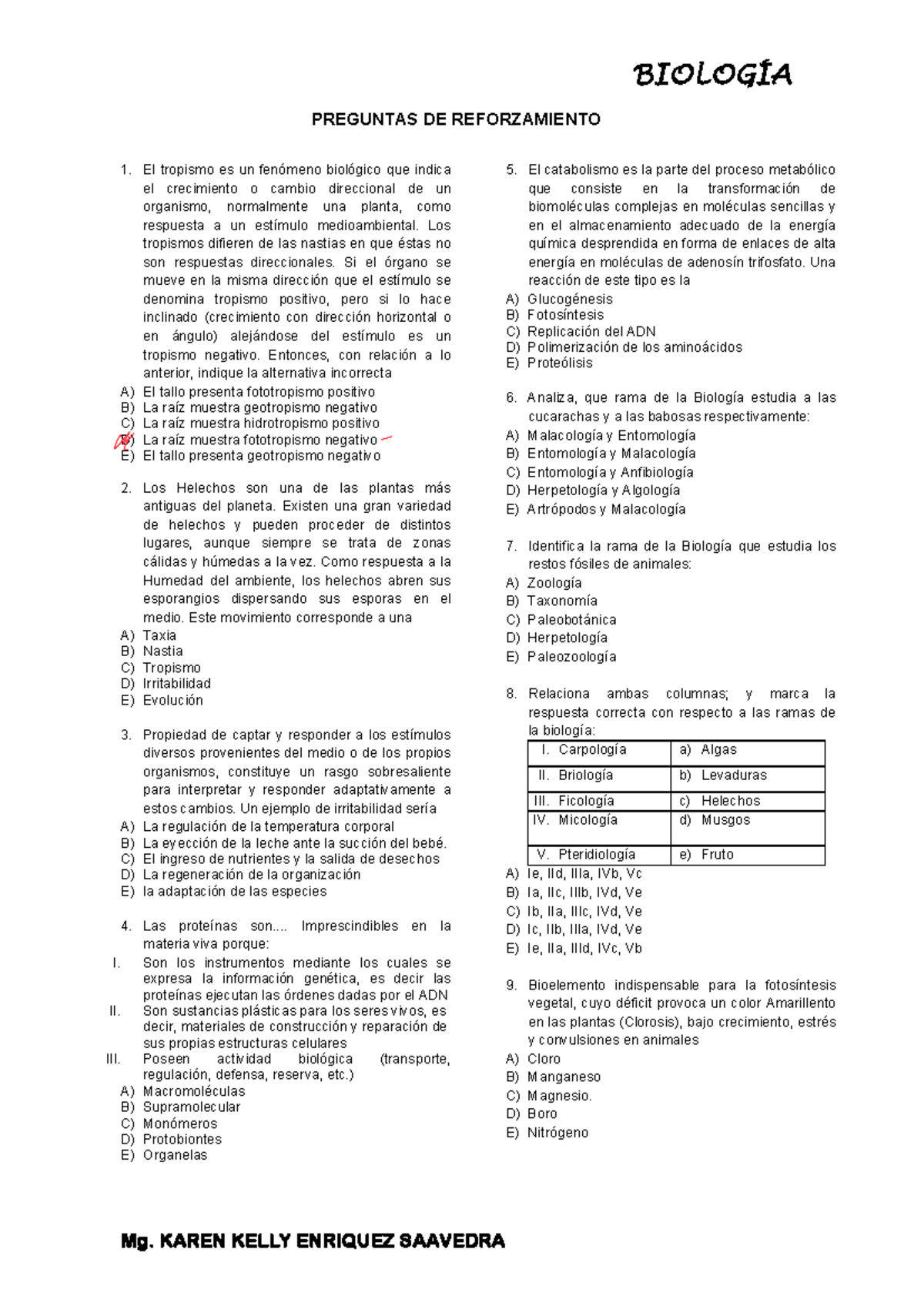 Seminario Biología - PREGUNTAS DE REFORZAMIENTO El tropismo es un ...