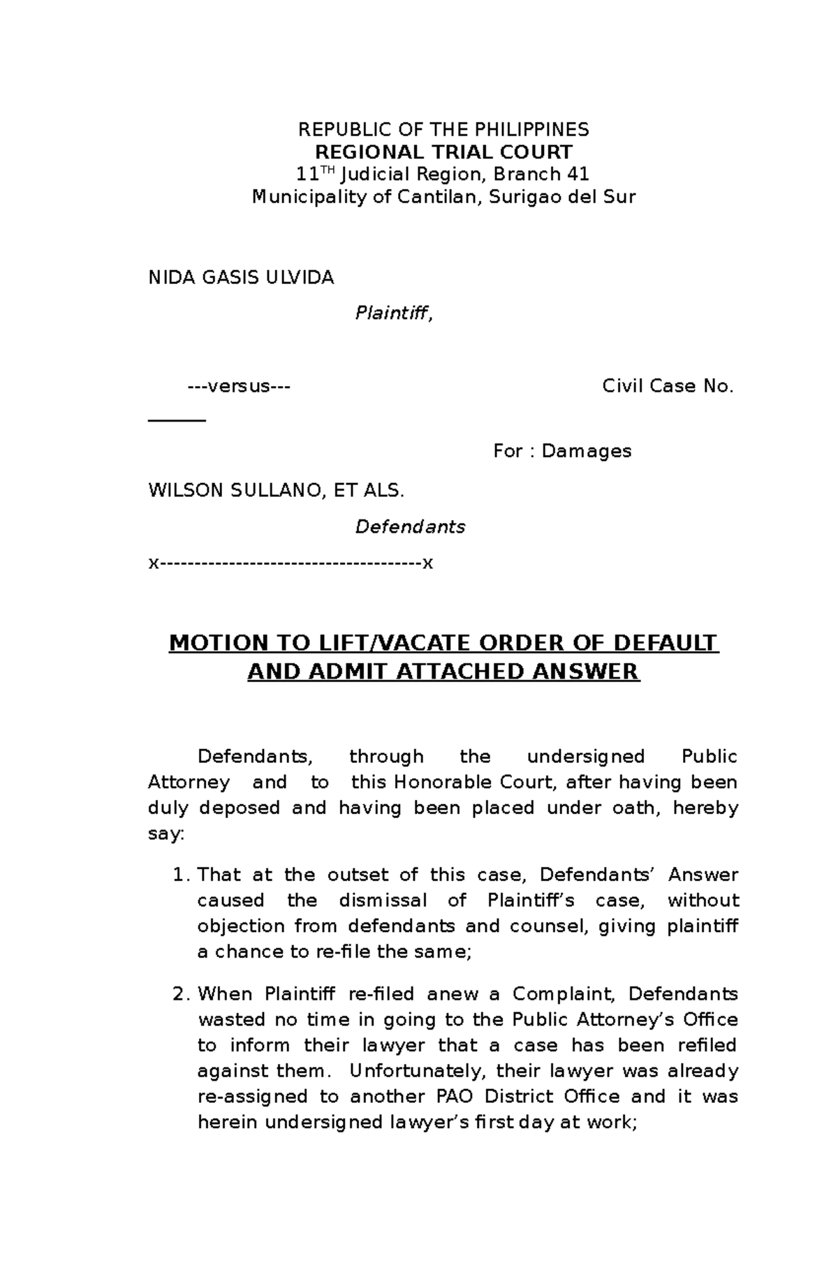 Motion to Lift Order of Default in Civil Case No. ______ - Studocu