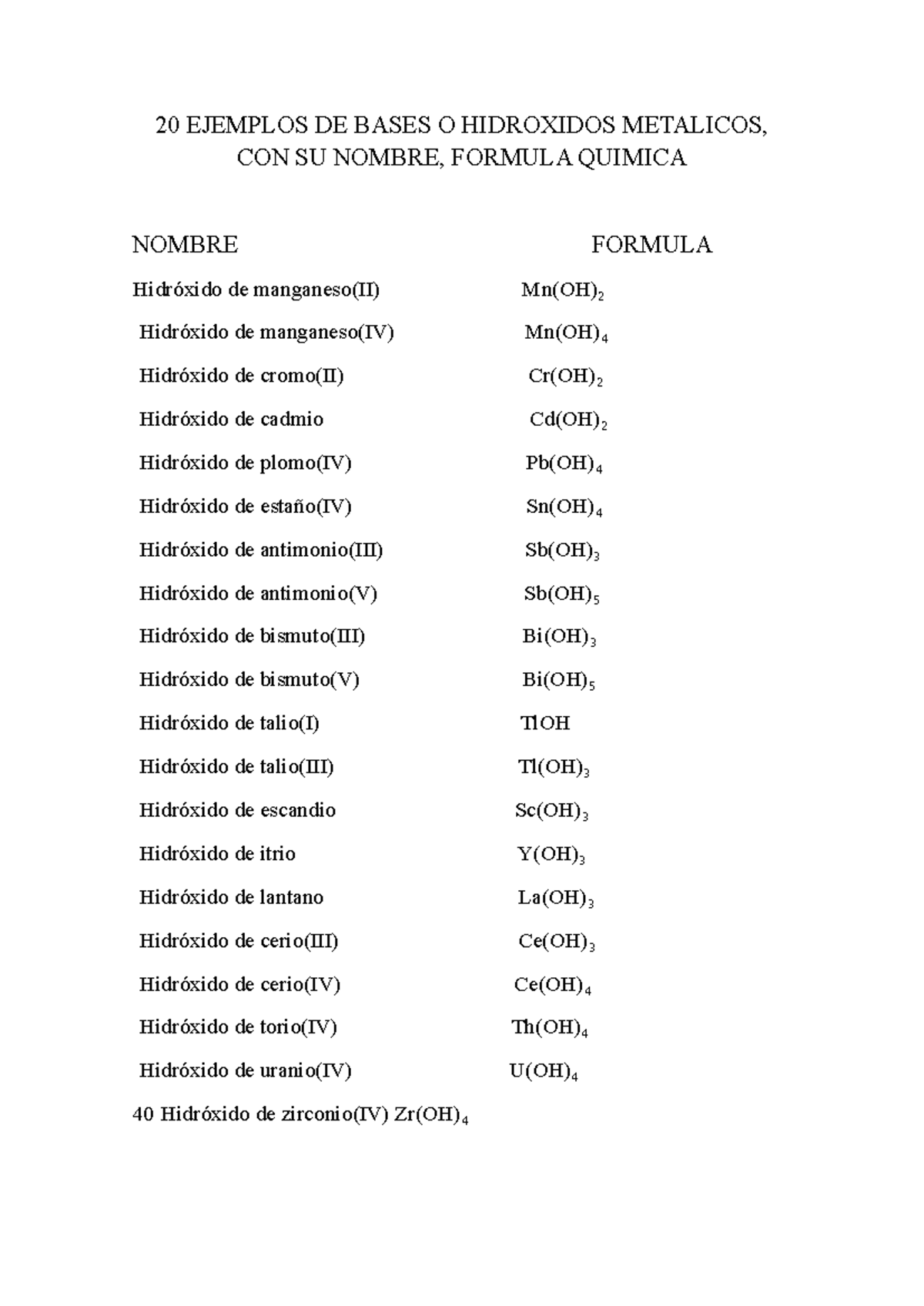 20 Ejemplos DE Bases O Hidroxidos Metalicos - 20 EJEMPLOS DE BASES O HIDROXIDOS METALICOS, CON ...