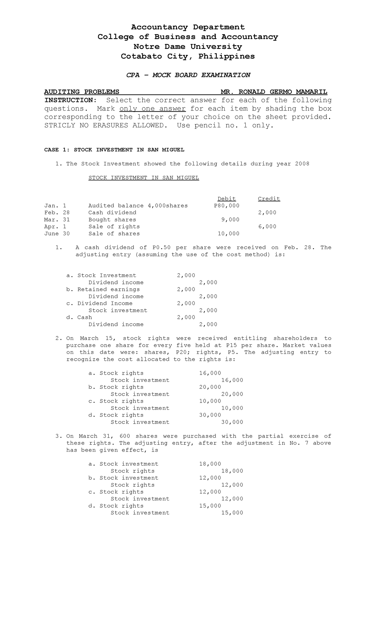 Notre Dame University Cotabato City - CPA Mock Board Exam Auditing ...