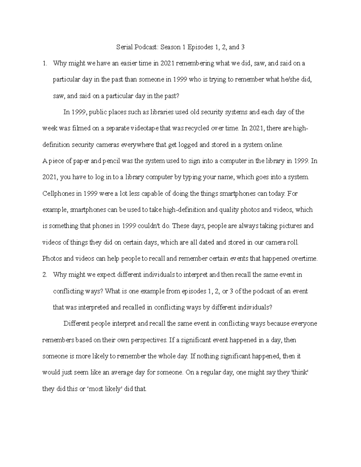 Serial Podcast Season 1: Assignment on Episodes 1 to 3 Analysis - Studocu