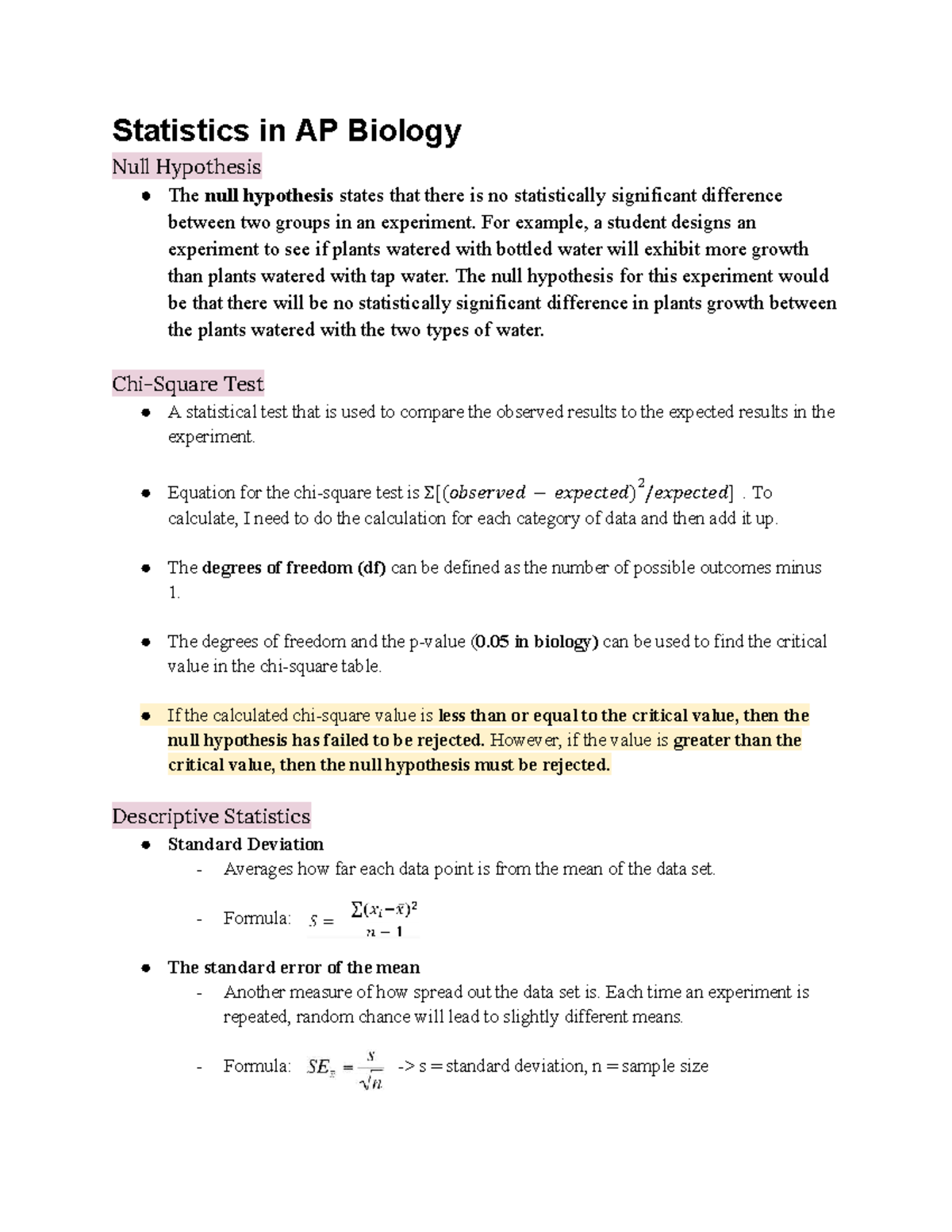 AP Bio Exam: Pre-Knowledge Notes on Statistics and Photosynthesis - Studocu