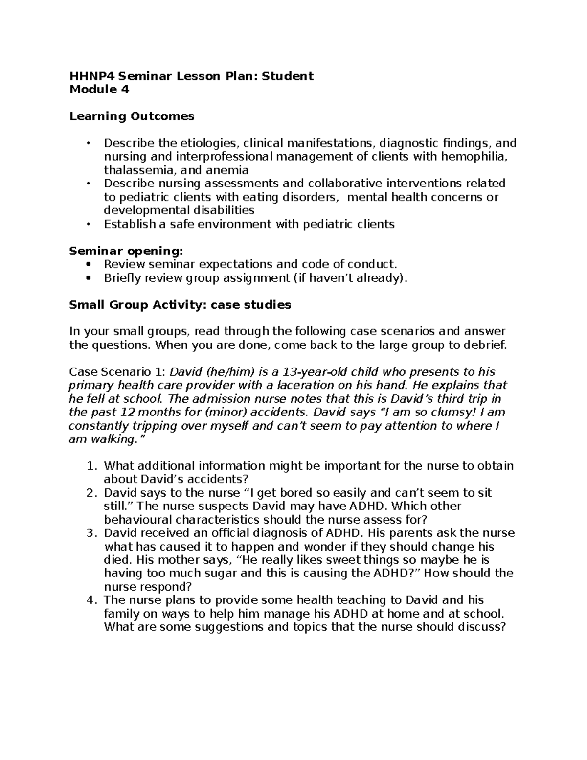 HHNP4 Seminar Lesson Plan: Pediatric Nursing & Case Studies - Studocu