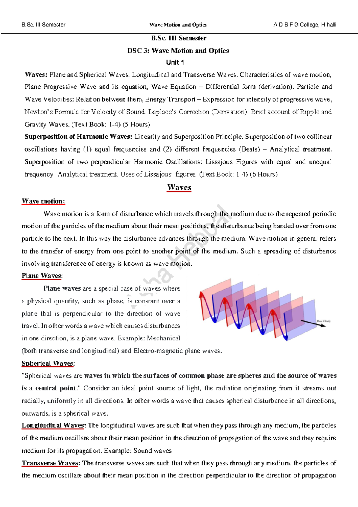 B.Sc. Semester DSC 3: Wave Motion and Optics - Unit 1 Overview - Studocu