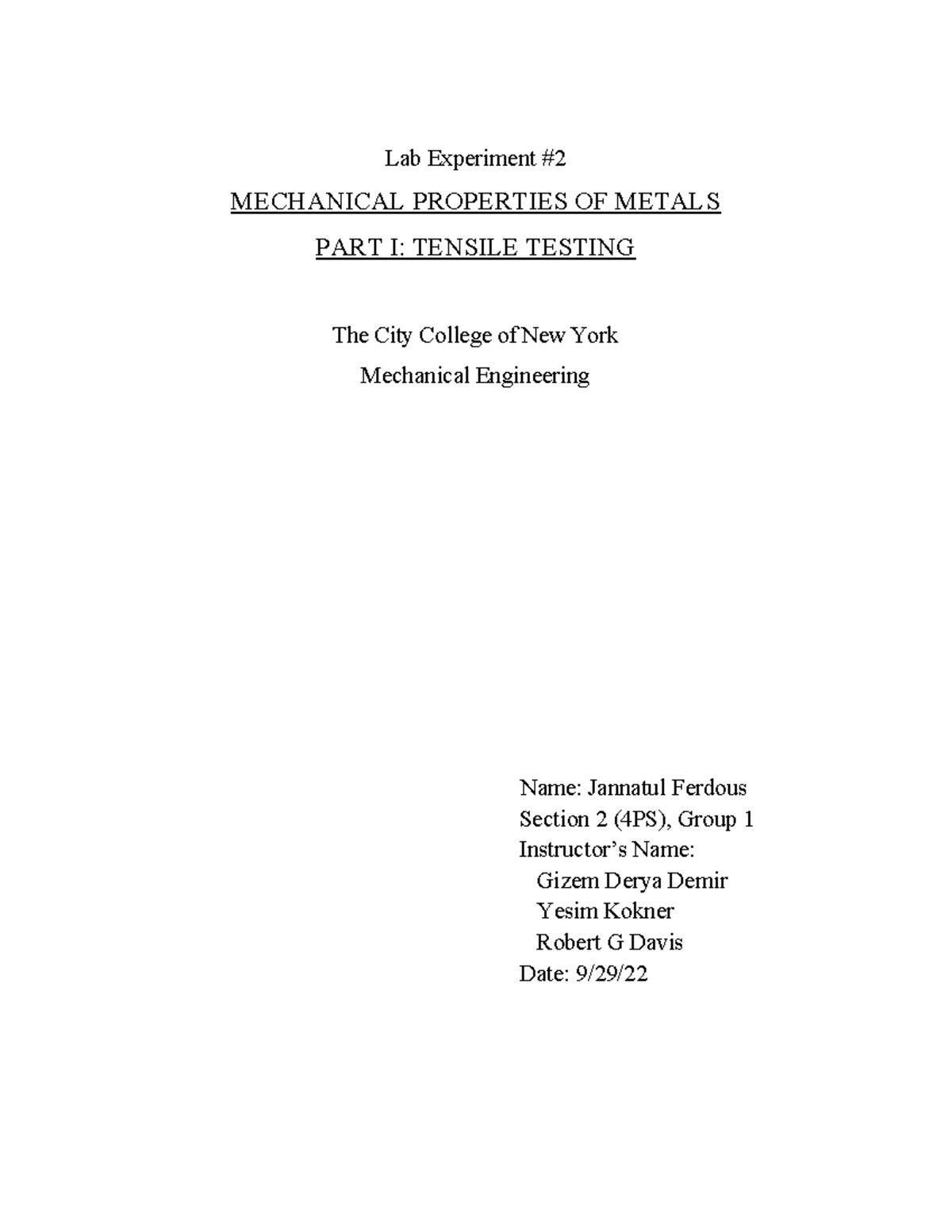 Lab Report on Mechanical Properties of Metals - ME461 Lab 2 - Studocu