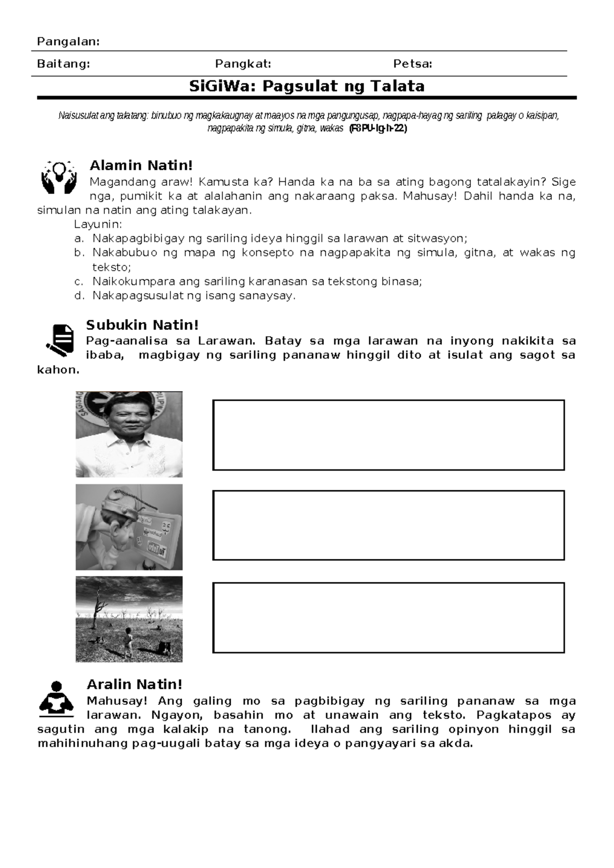 Pagsulat ng Talata: SiGiWa Activity Sheet 469074125 - Studocu