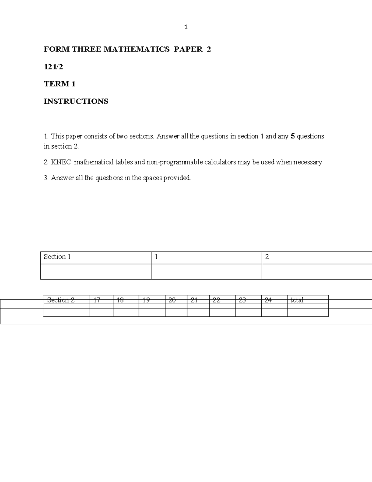Mathematics FORM 3 Paper 2 Term 1 Exam Questions - Studocu