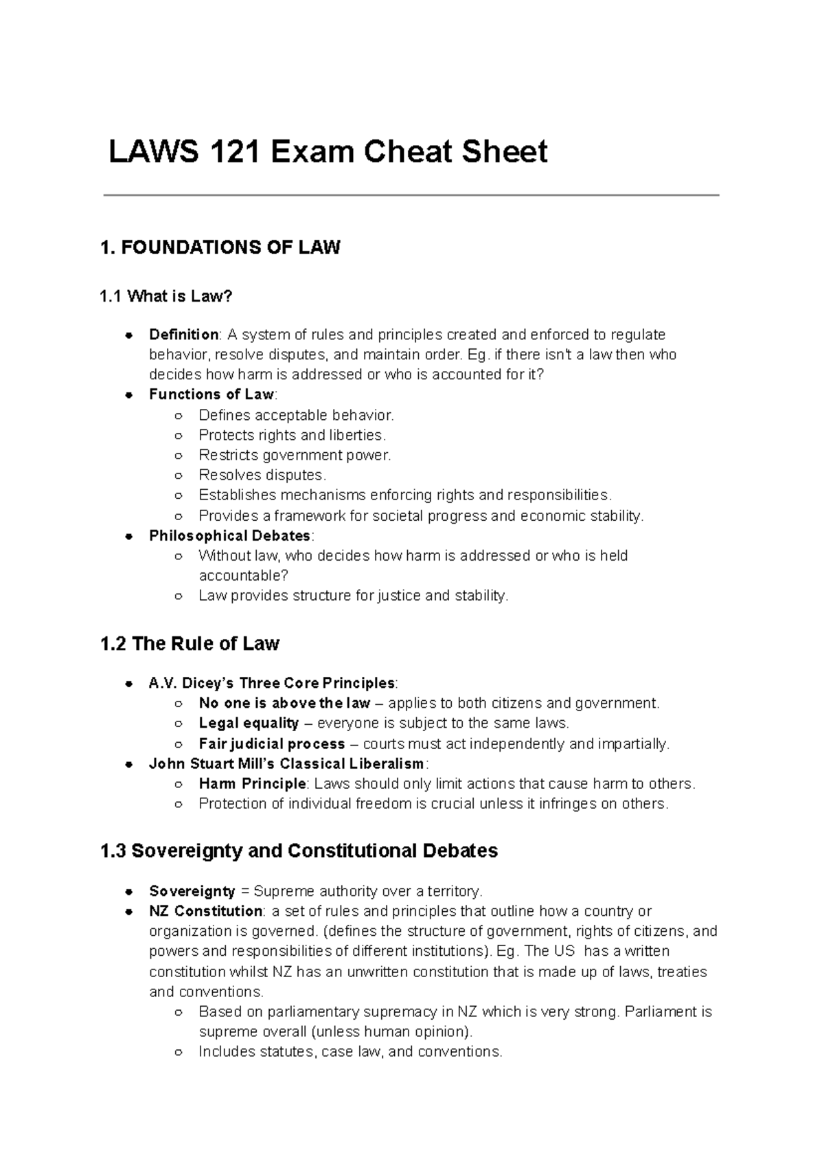 LAWS 121 Midterm Exam Cheat Sheet: Foundations of Law & Māori ...