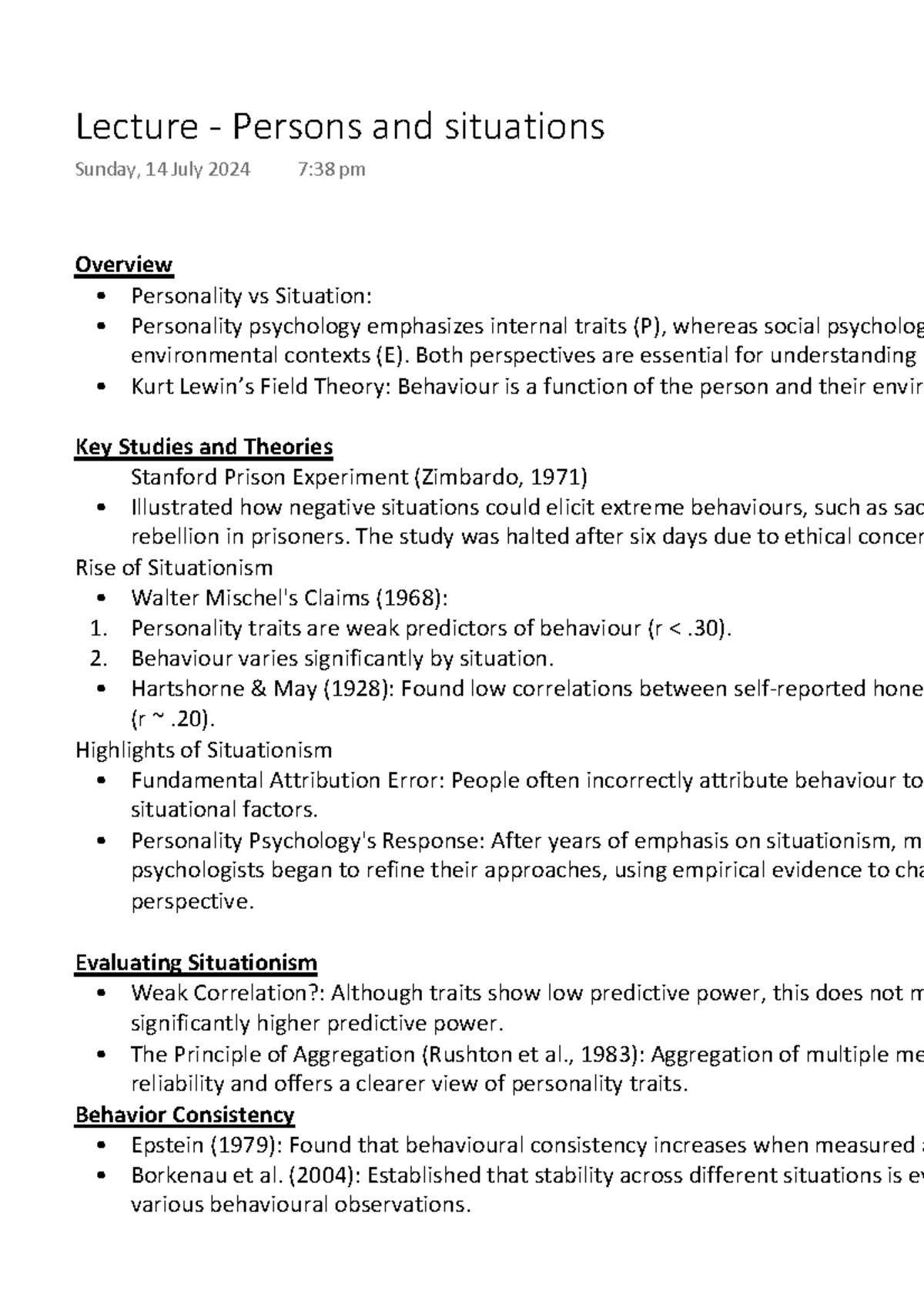 Week 6 Lecture - Understanding Personality vs. Situation - Studocu