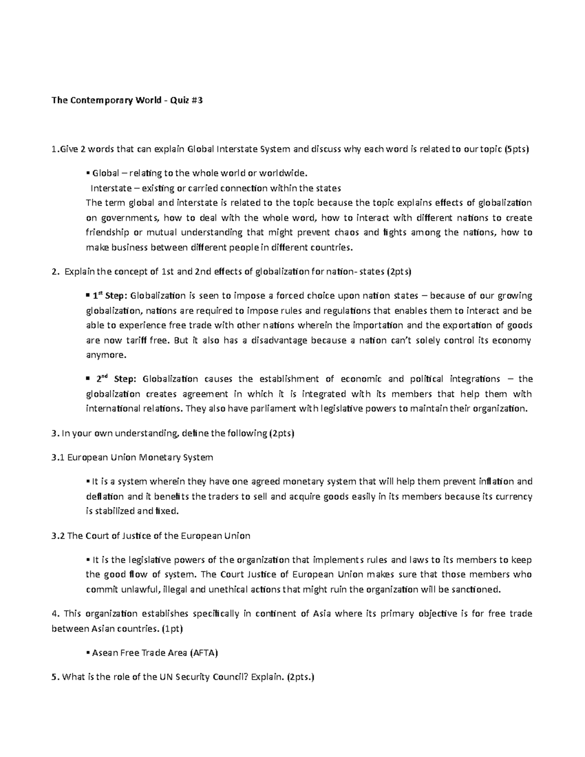 Quiz - the contemporary world - The Contemporary World - Quiz # 1 2 ...