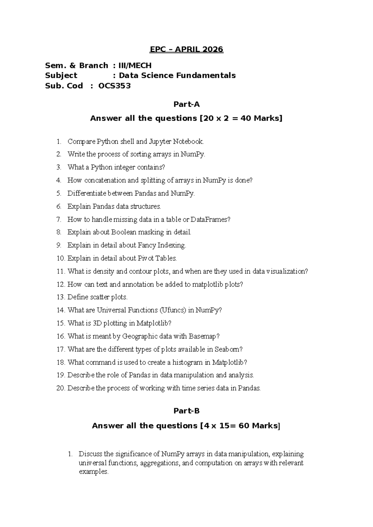 OCS353 - Data Science Fundamentals - April 2026 Exam Questions - Studocu
