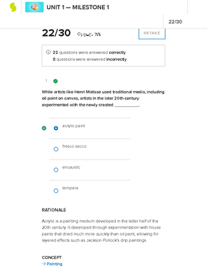 Unit 2 Milstone 2 - 1 12 / 18 that's 67% RETAKE 12 questions were answered correctly. 6 - Studocu