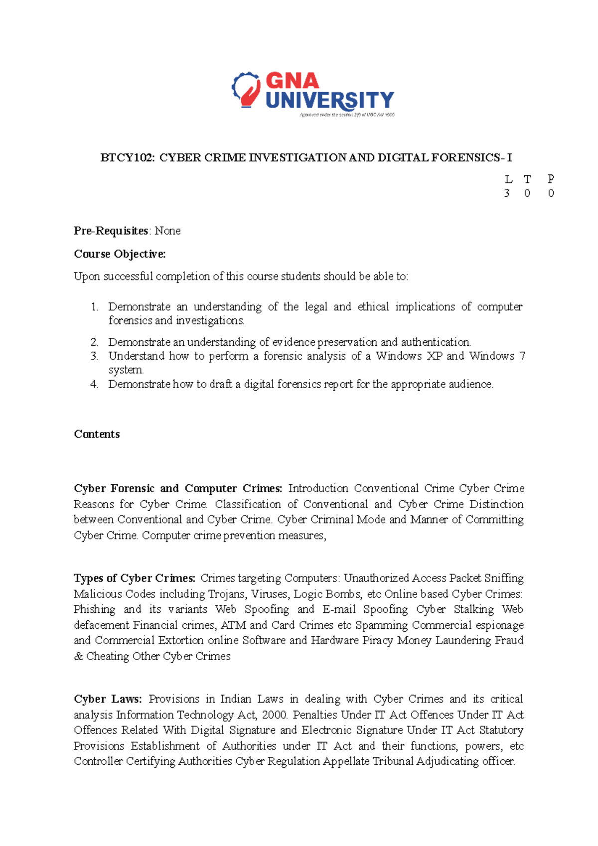 BTCY102 Syllabus: Cyber Crime Investigation & Digital Forensics I - Studocu