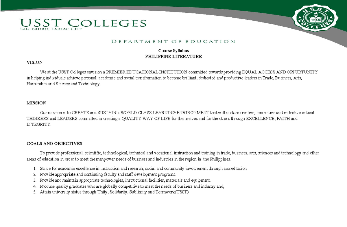 PHILIPPINE LITERATURE Course Syllabus (3 Units): Overview & Objectives - Studocu
