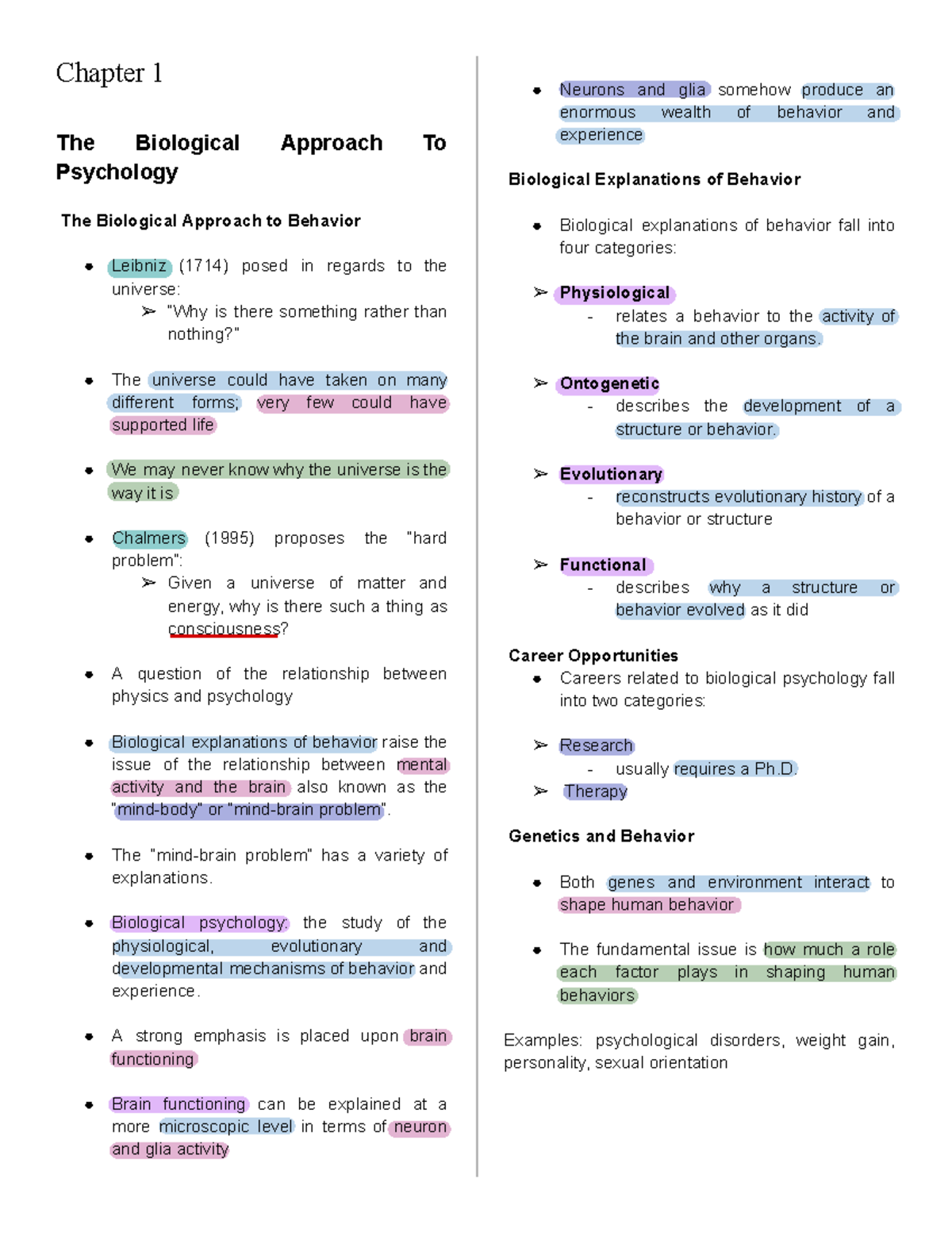 Physio - Chapter 1 The Biological Approach To Psychology The Biological ...