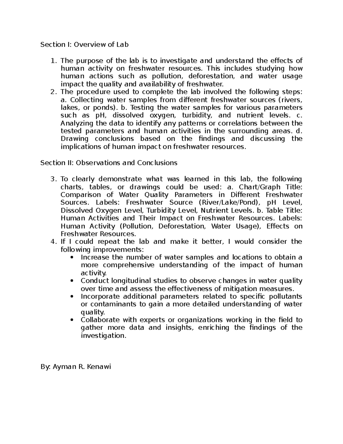 Lab Report - Section I: Overview of Lab The purpose of the lab is to ...