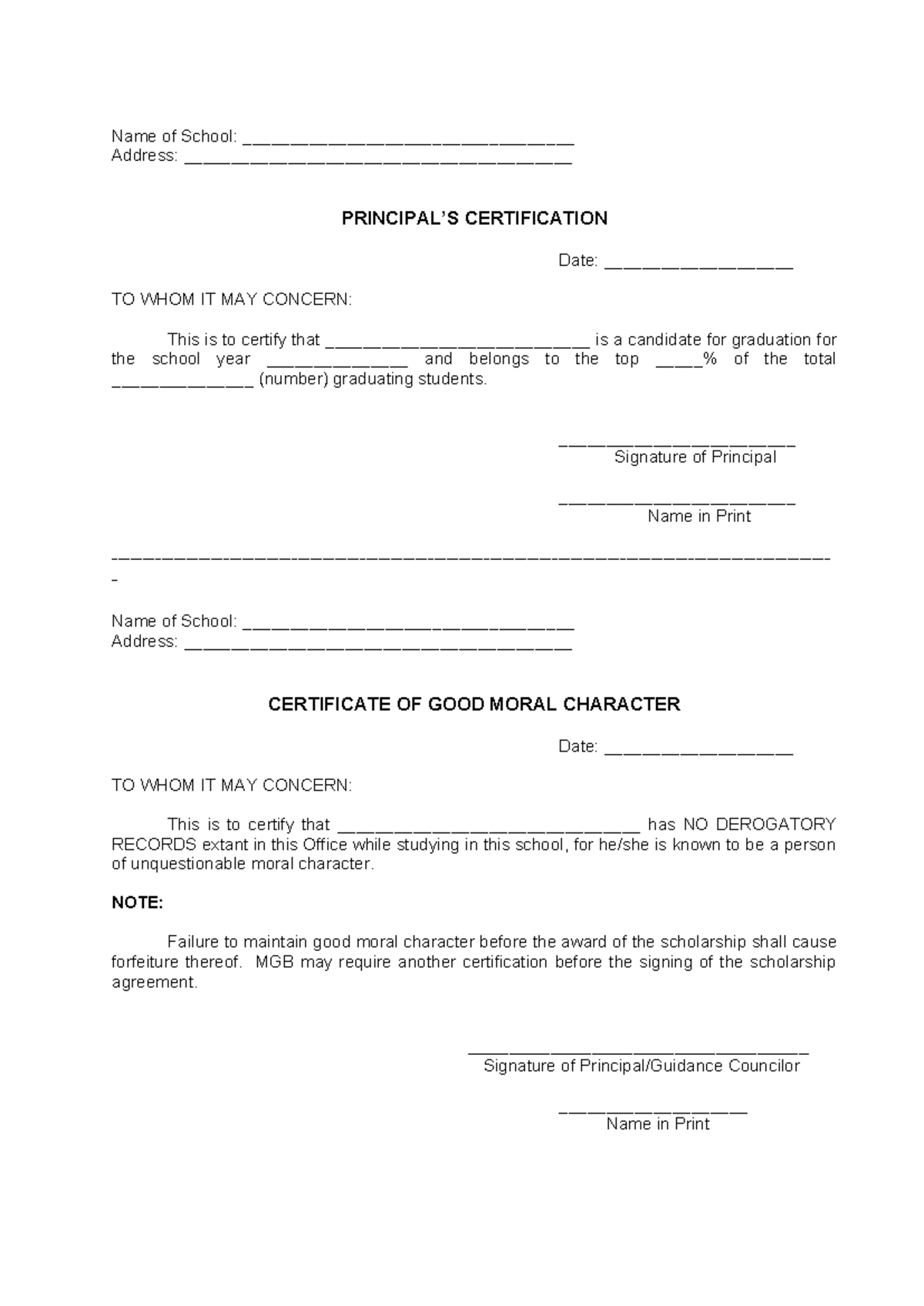 Certification of Good Moral Character Forms for Graduation 2023 - Studocu