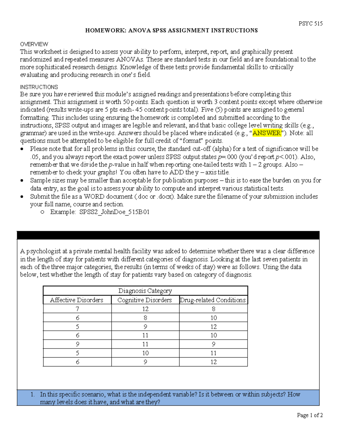 Wk02 Homework Anova SPSS Assignment Instructions - PSYC 515 Page 1 of 2 ...