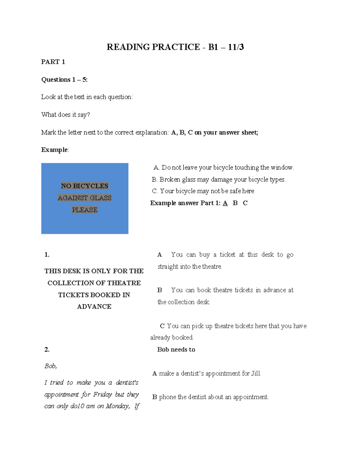B1 Reading Practice - Part 1 to Part 5 Exercises and Questions - Studocu