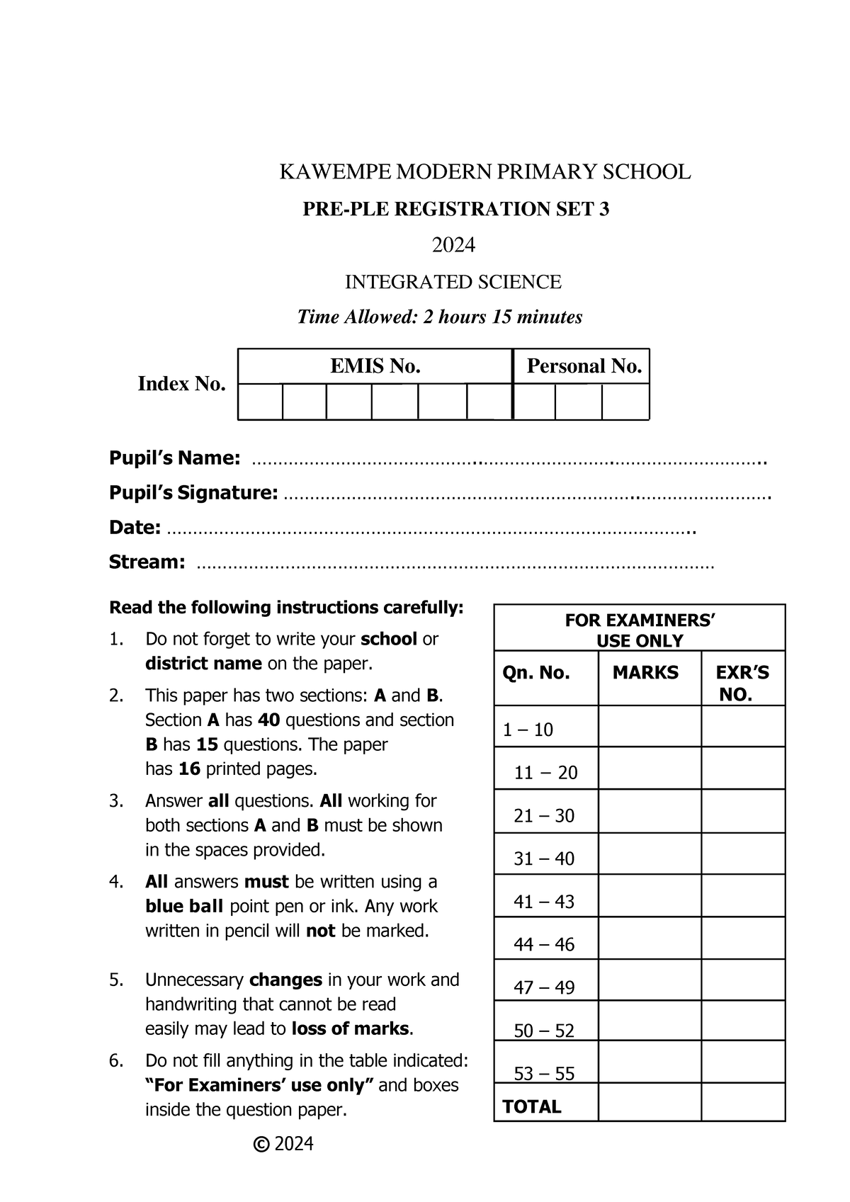 Kawempe SCI 2024 Pre-Primary Exam Registration Set 3 - Studocu