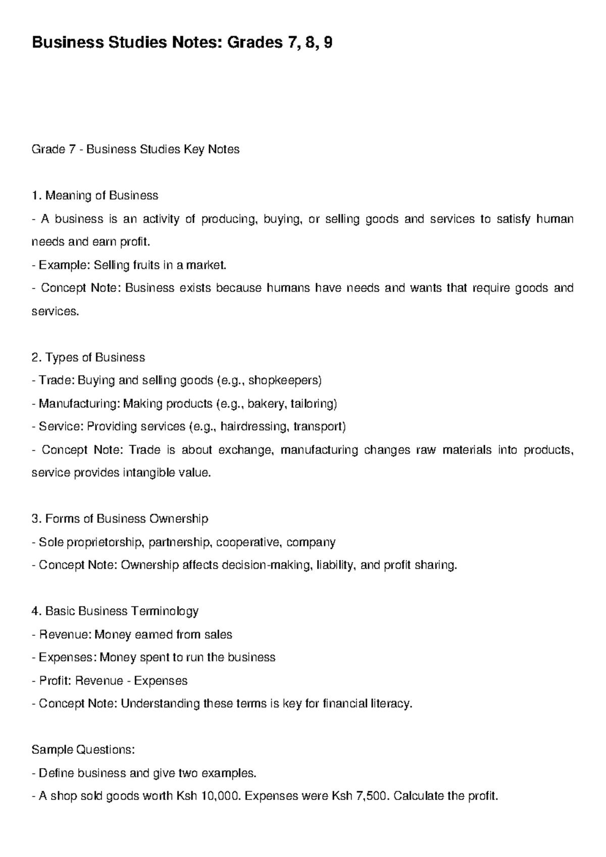 Business Studies Notes: Key Concepts for Grades 7-9 - Studocu
