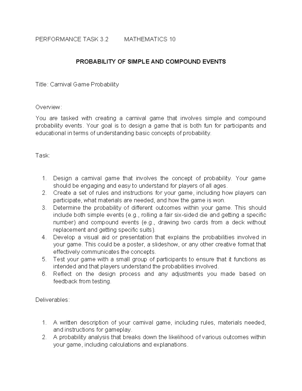 Carnival Game Design: Probability of Simple & Compound Events (MATH 10 ...