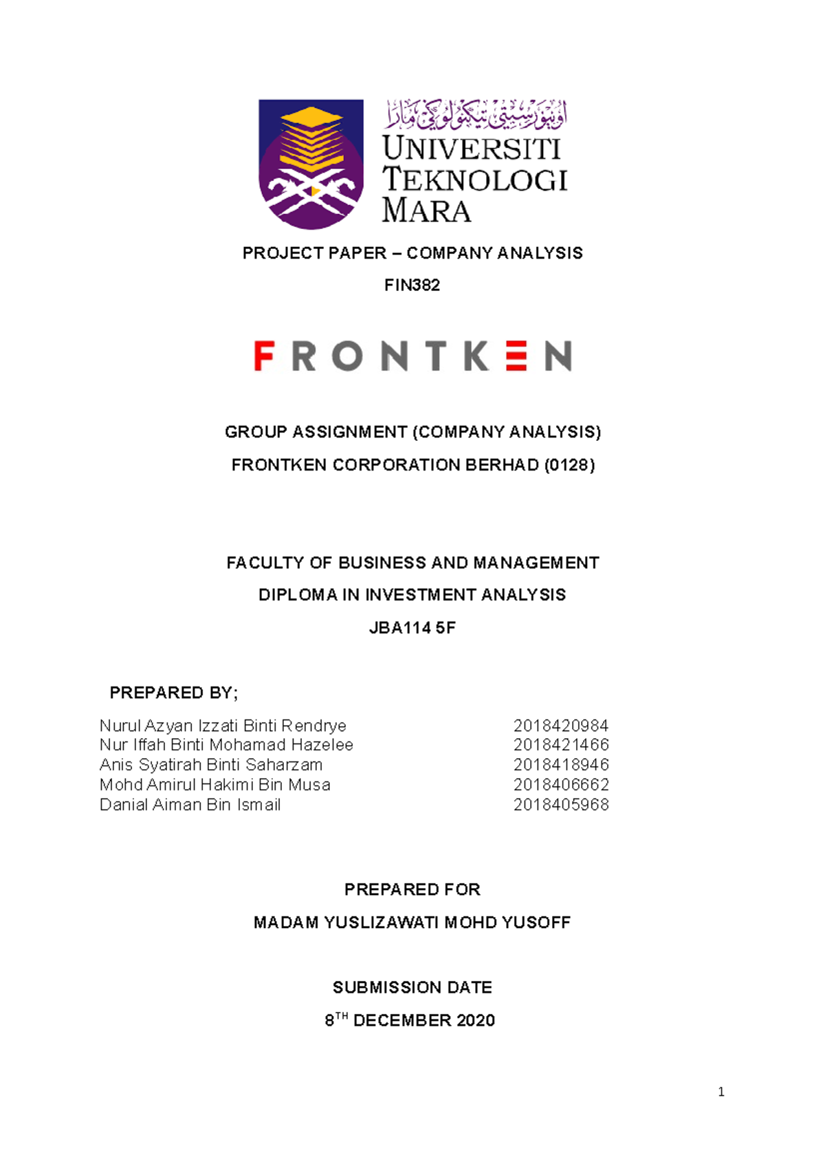 Company Analysis of Frontken Corporation Berhad (FIN JBA114) - Studocu
