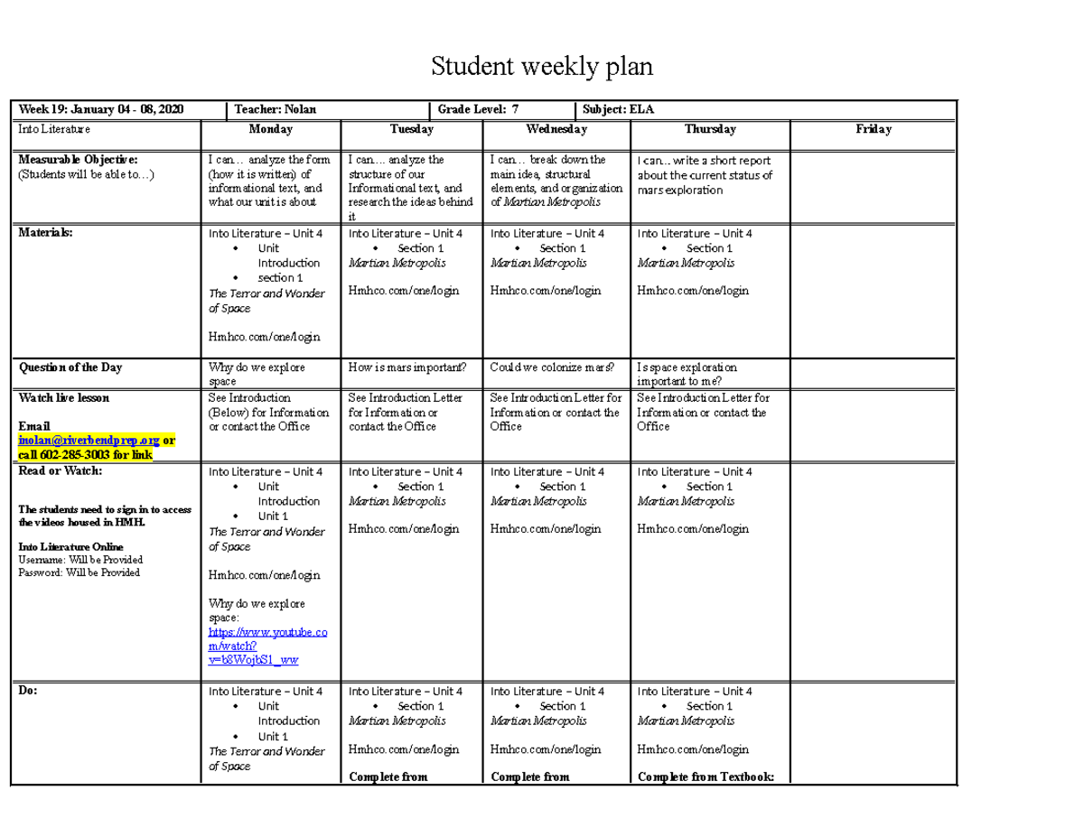 ELA 7th Grade Weekly Plan by Nolan (Jan 04 - 08, 2020) - Studocu
