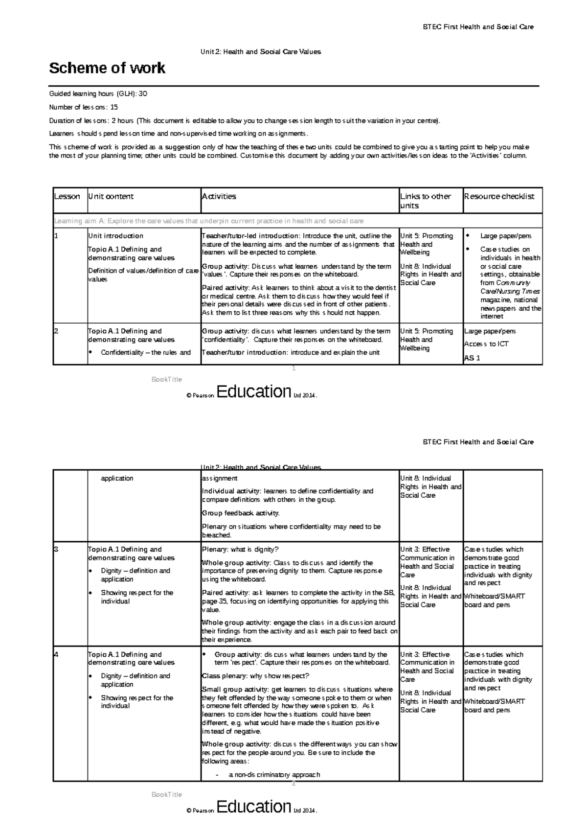 BTEC12 First Health and Social Care Unit 2: Values Scheme of Work - Studocu