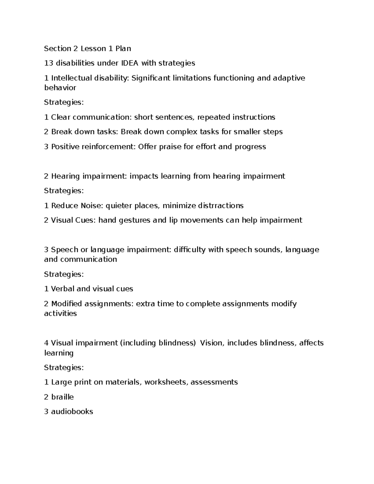 Section 2 Lesson 1 Plan: Strategies for Disabilities under IDEA - Studocu