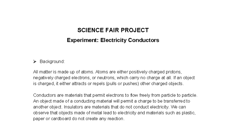 SCIENCE FAIR PROJECT: Conductors of Electricity Experiment - Studocu
