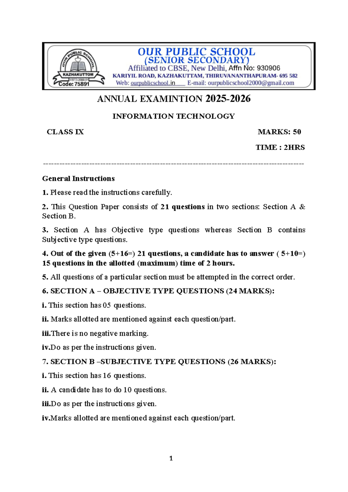 Annual Examination IT Class IX 2025: Question Paper & Instructions ...
