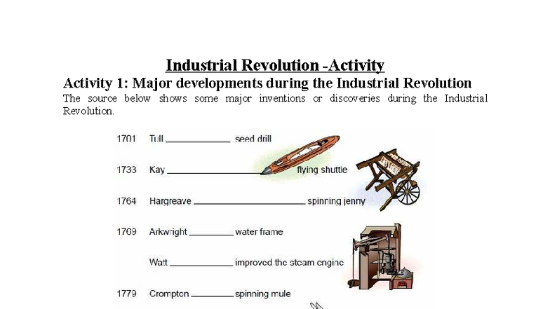 Industrial Revolution Activity 1: Key Inventions and Worker Challenges ...