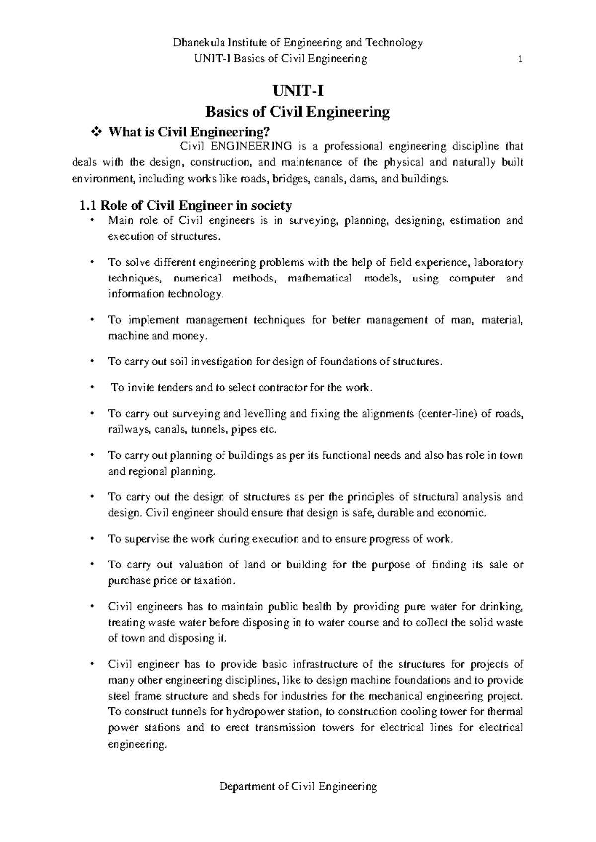 UNIT I BCME - Basics of Civil Engineering - UNIT-I Basics of Civil ...
