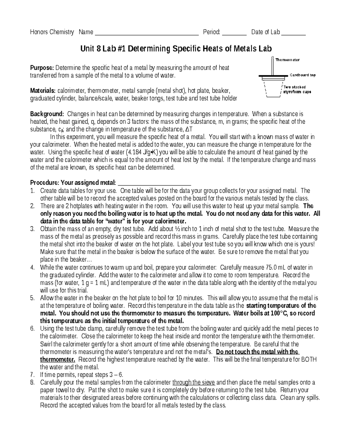 U8 Lab #1 Specific Heat of Metals Lab HChem 2122 - Honors Chemistry ...