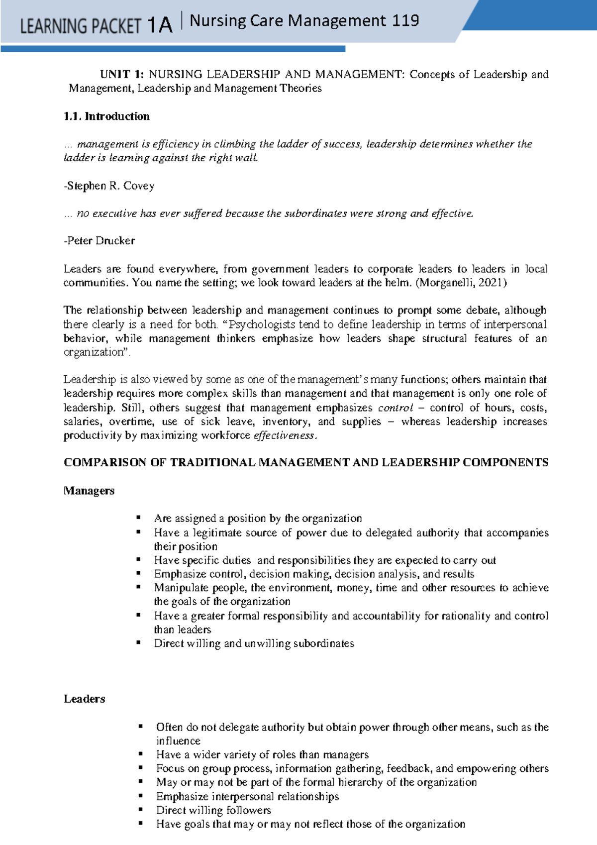 NCM119 Nursing Care Management: Leadership & Management Concepts - Studocu