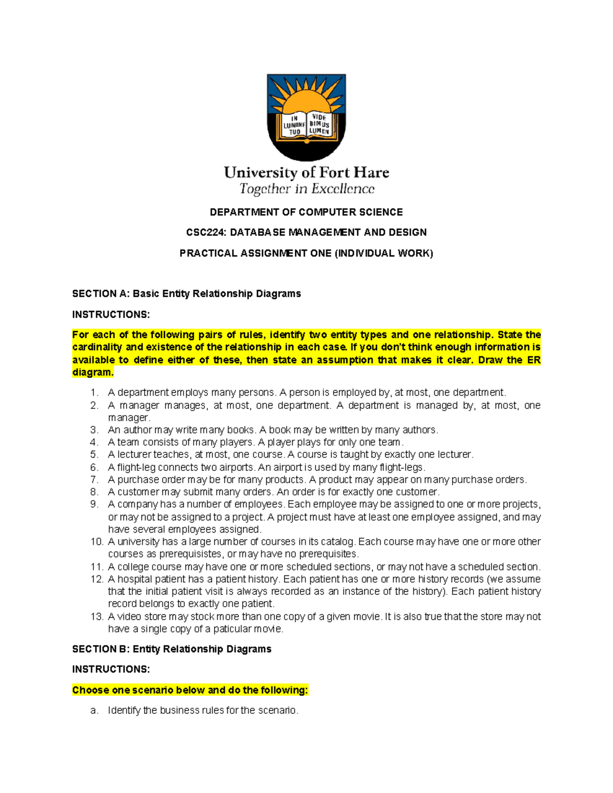 Practical Assignment One - DEPARTMENT OF COMPUTER SCIENCE CSC224 ...