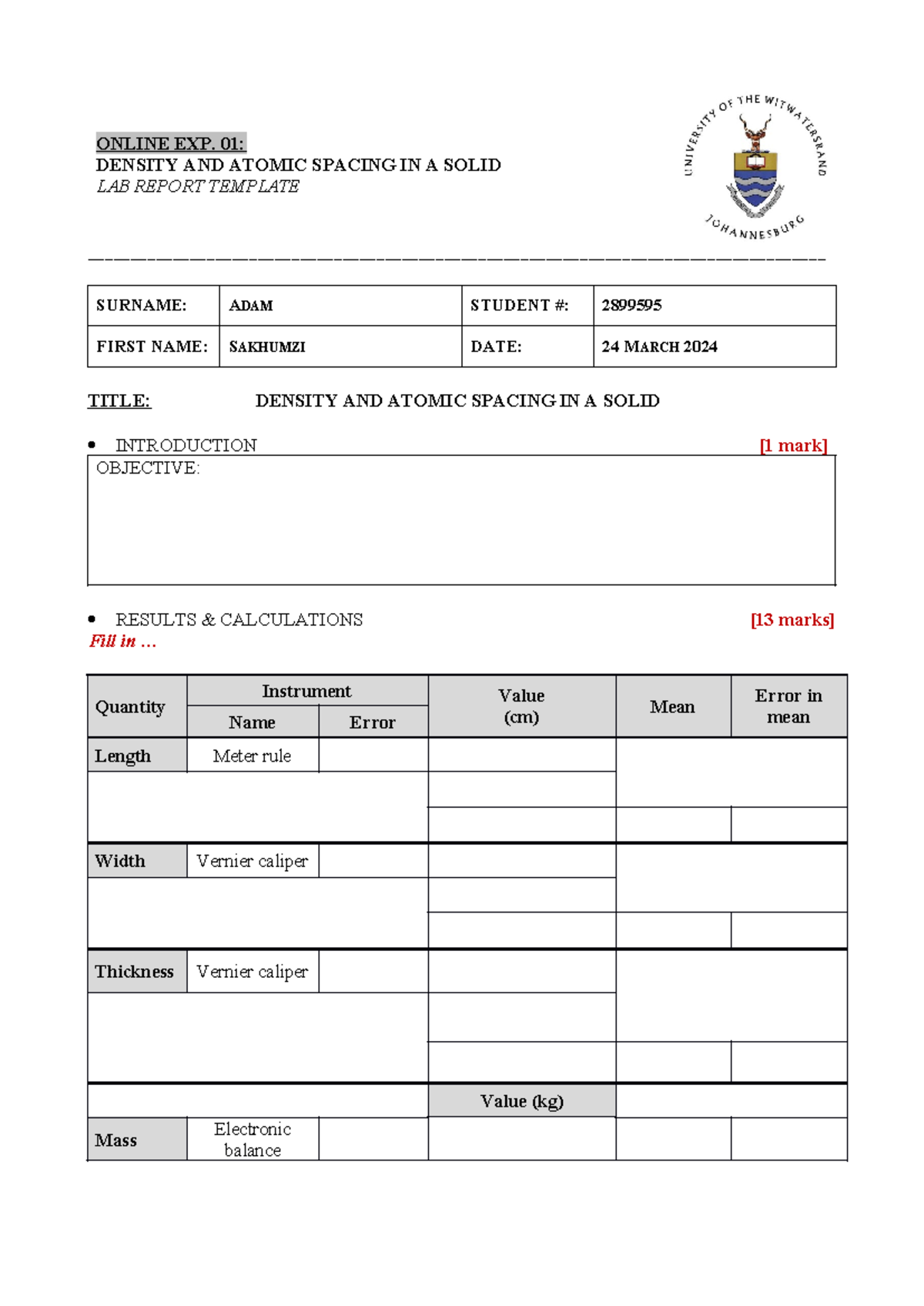 Lab Report on Density & Atomic Spacing - Online Ex. 01 - Studocu