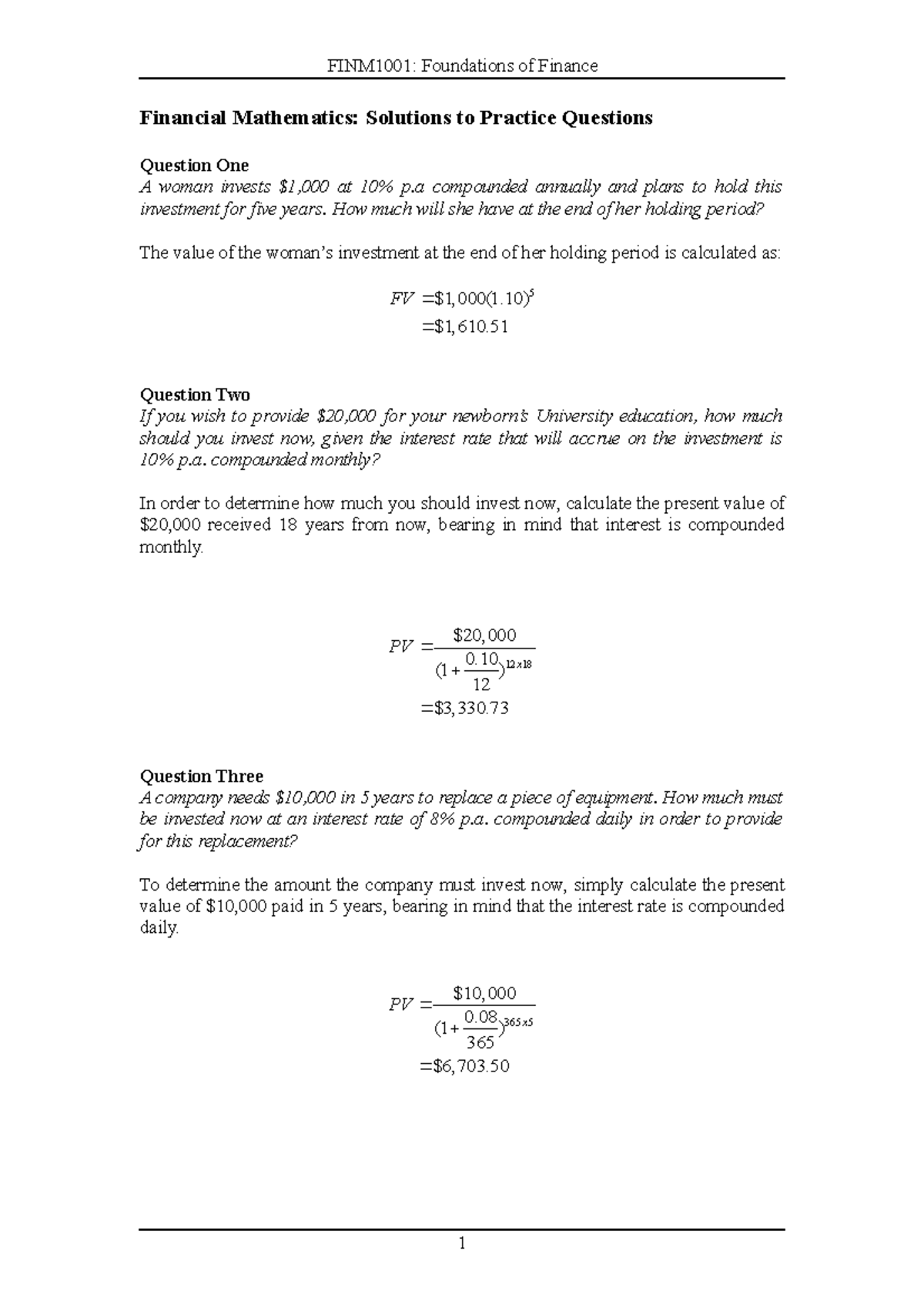 1a) Financial Mathematics Solutions to Practice Questions - FINM1001 ...