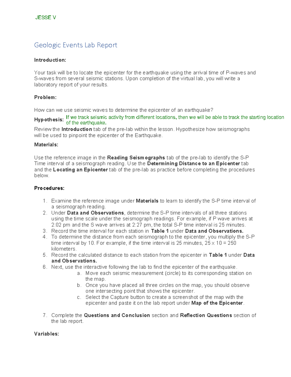 Geologic Events Lab Report: Determining Earthquake Epicenter FIN - Studocu