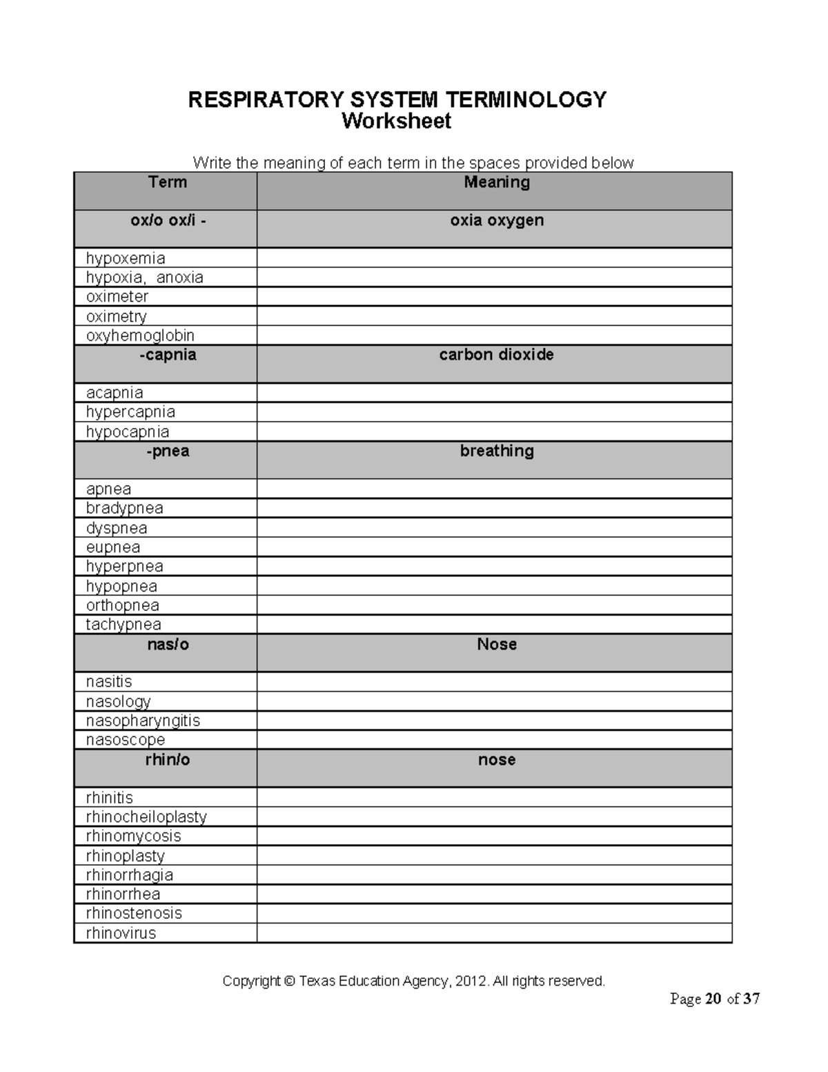 RESPIRATORY SYSTEM TERMINOLOGY Worksheet: Key Terms and Meanings - Studocu