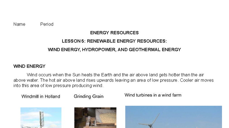 Day 70 Lesson 5: Renewable Energy Resources (Wind, Hydro, Geothermal ...